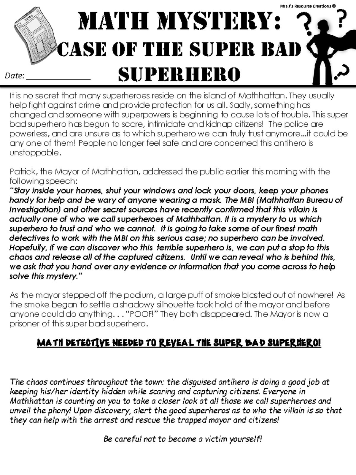 Math Mystery - for fun - MATH MYSTERY: CASE of THE SUPER BAD SUPERHERO ...