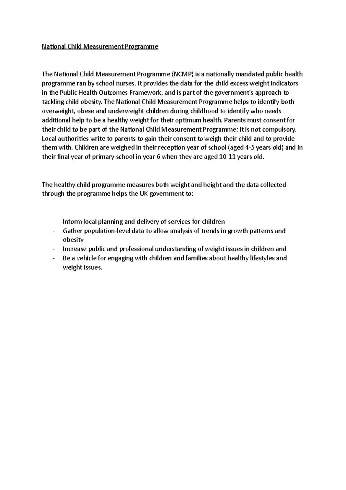 National Child Measurement Programme - It provides the data for the ...