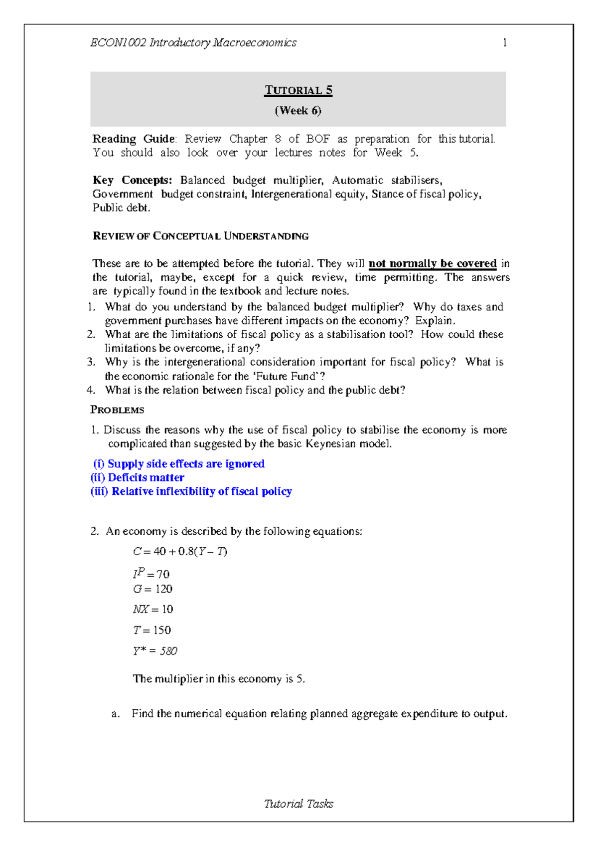 Tutorial 05 Answers Econ1002 - Reading Guide: Review Chapter 8 of BOF ...