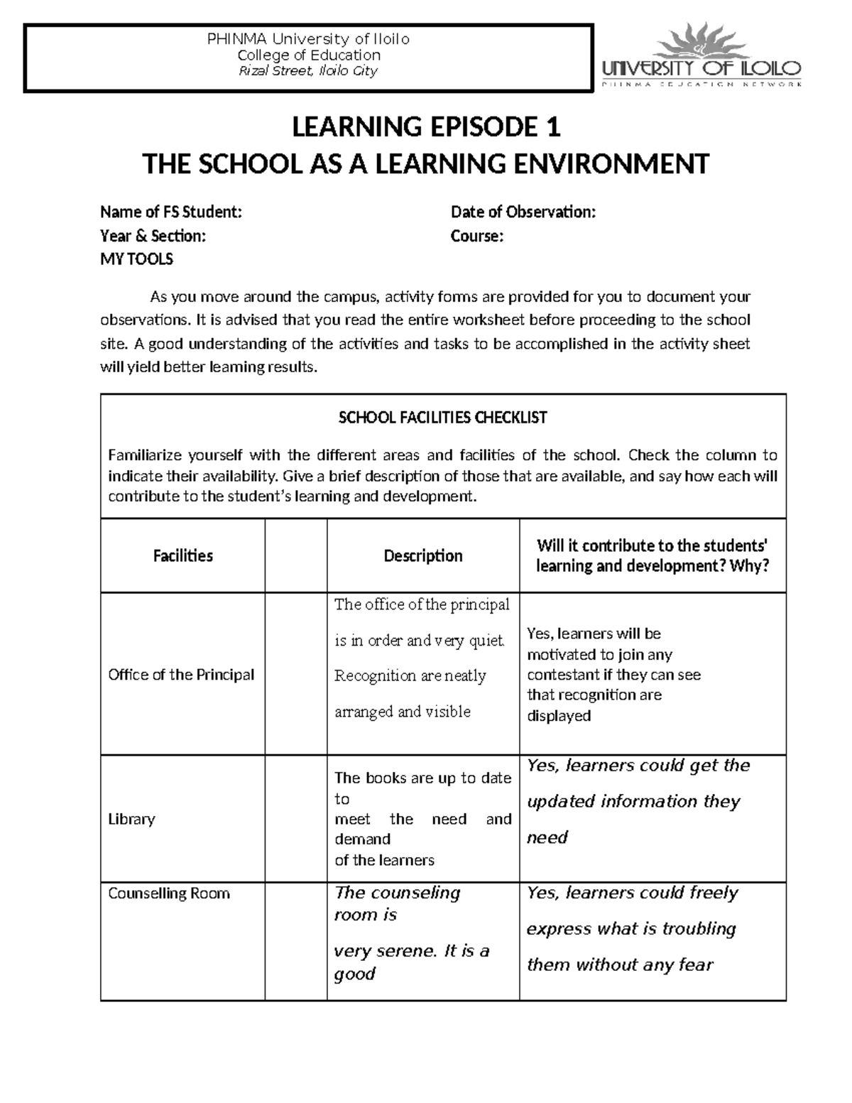 EDU 601 Field Study Worksheet - College of Education Rizal Street ...