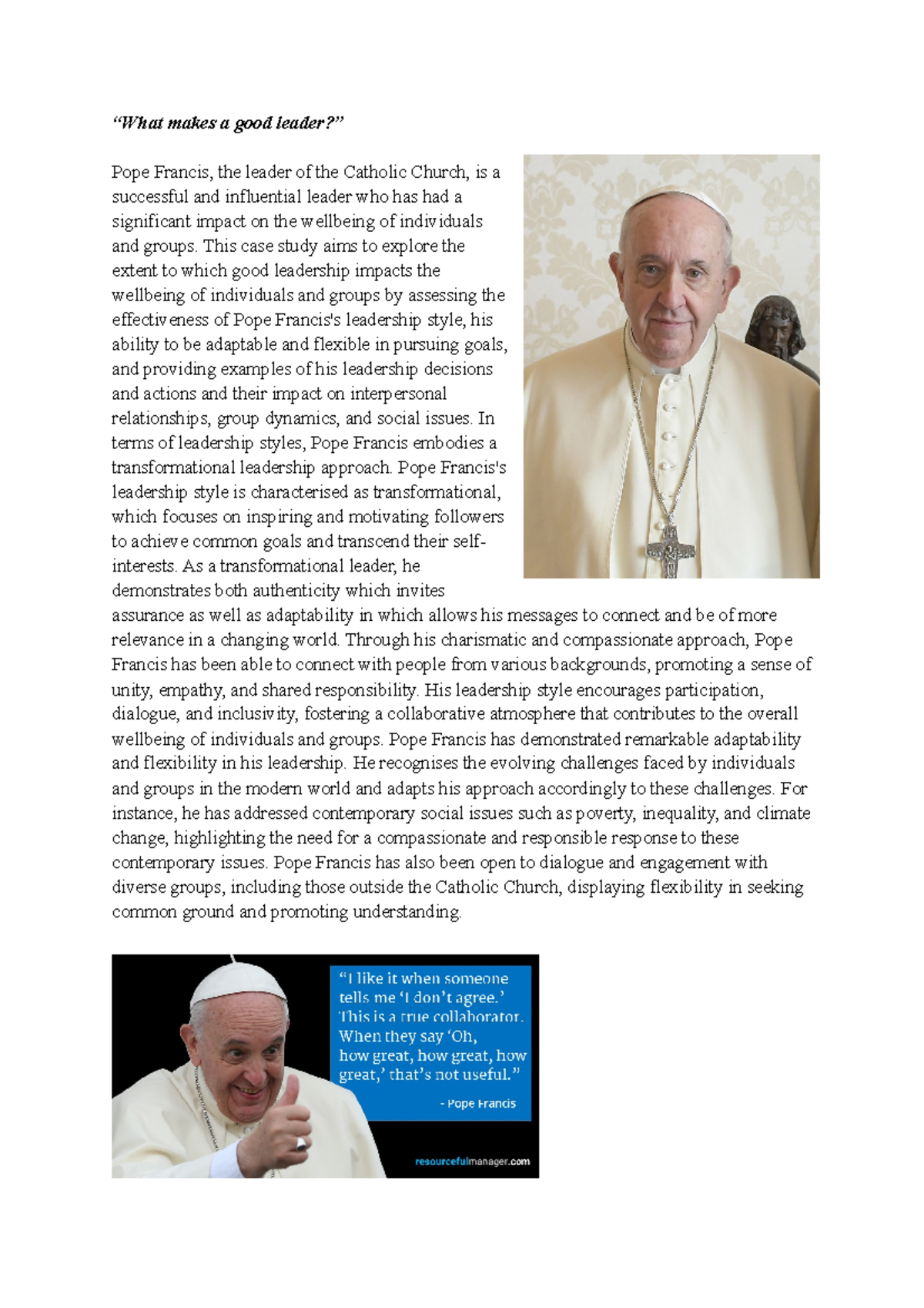 CAFS AT2 - CAFS YEAR 11 ASSIGNMENTS - “What makes a good leader?” Pope ...