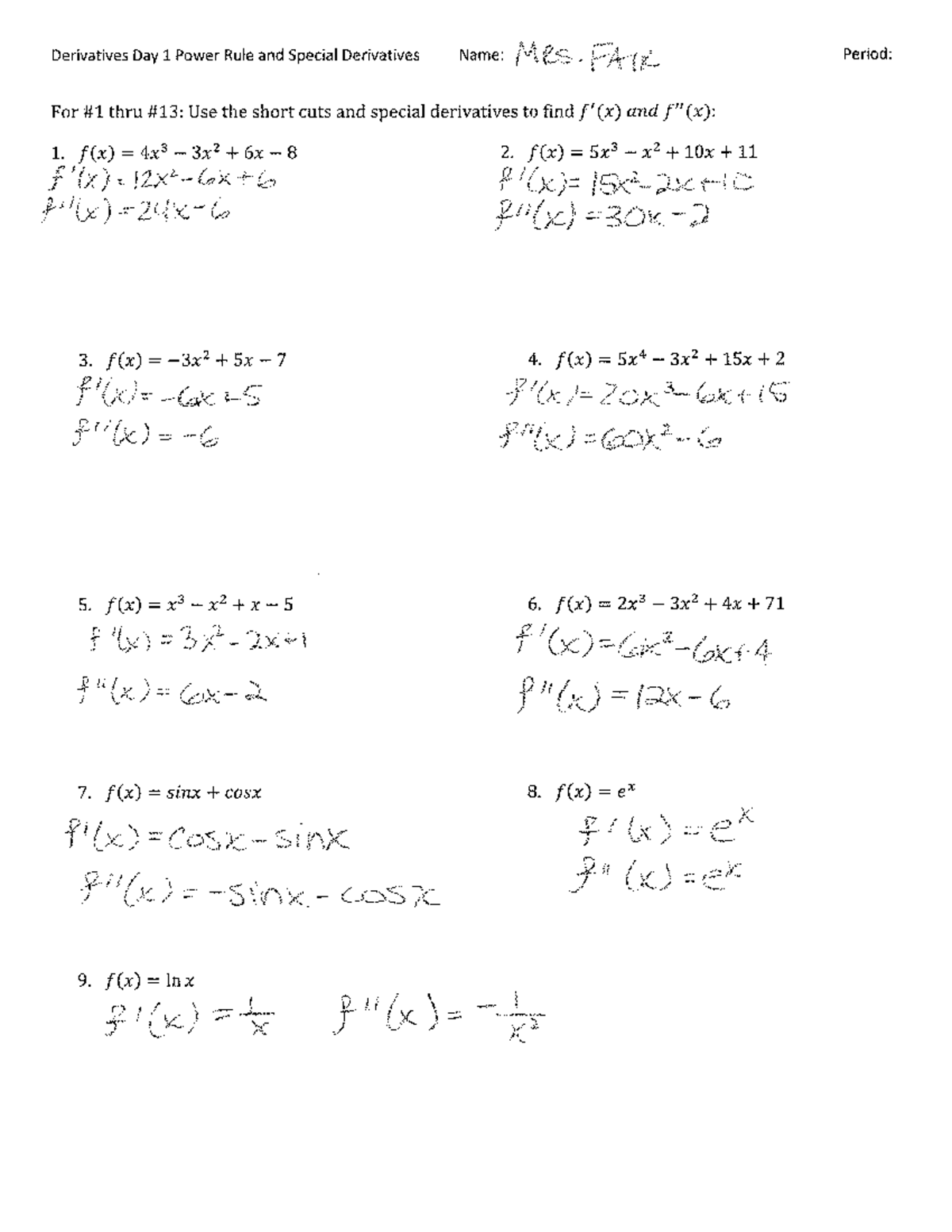 Day 1 Wksht Solutions - Power Rule and Special Derivatives-1 - Studocu