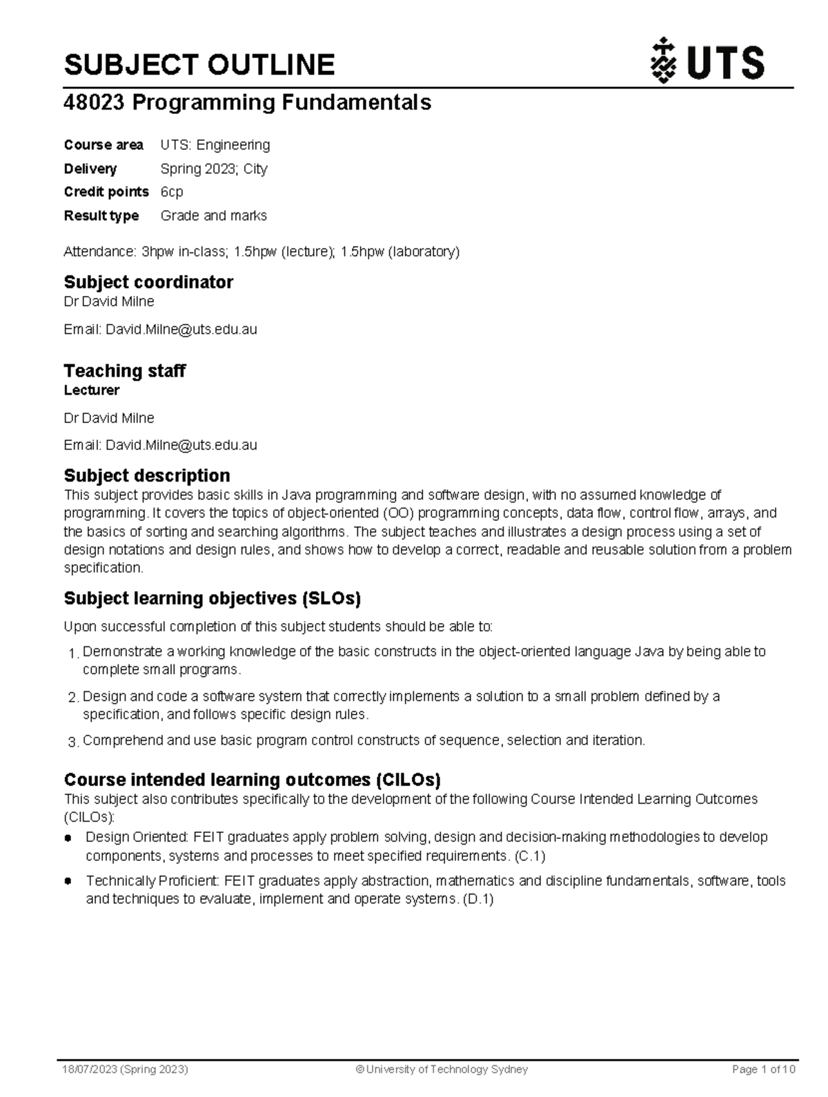 PDFs - N/A - SUBJECT OUTLINE 48023 Programming Fundamentals Attendance ...