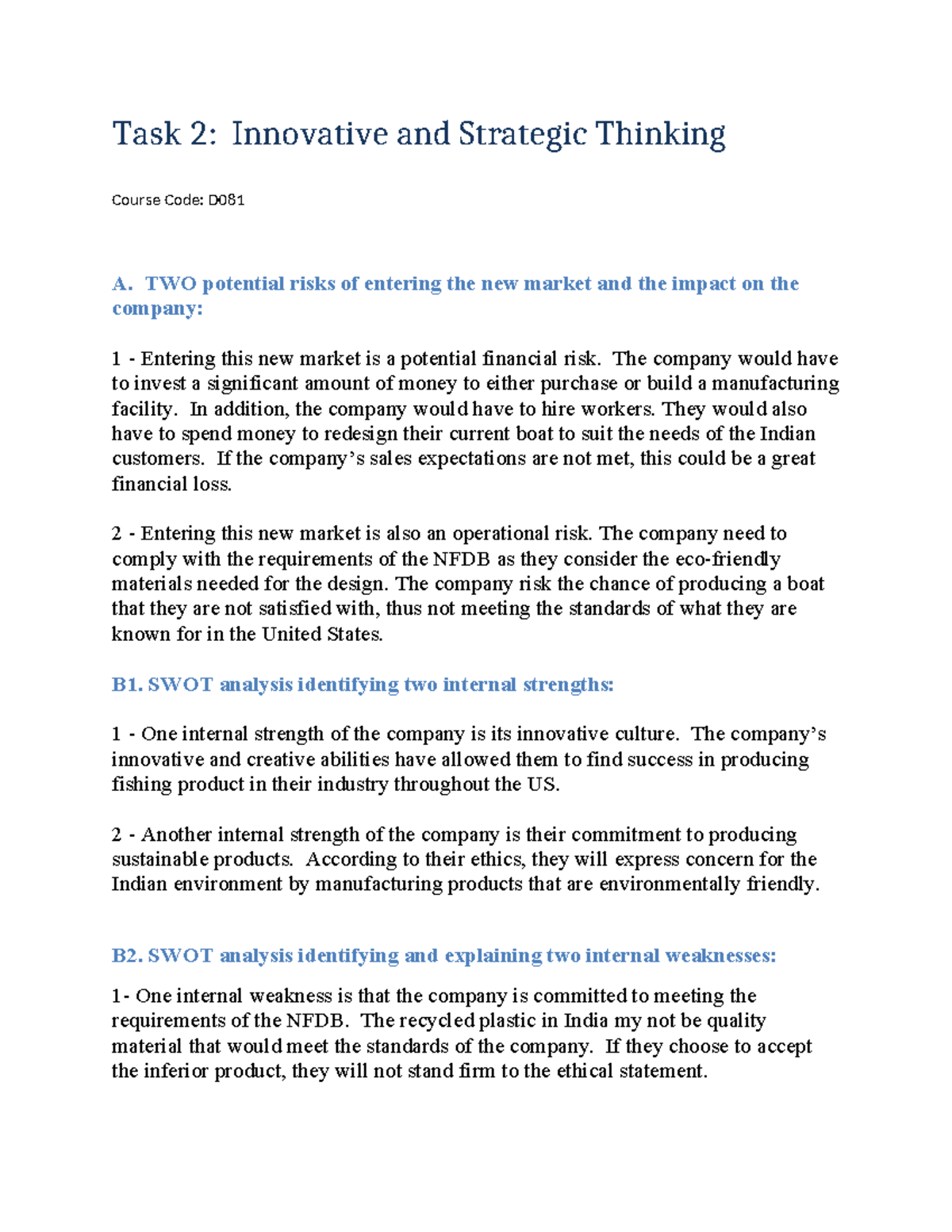 D081 Task 2 Innovative and Strategic Thinking - Task 2: Innovative and ...