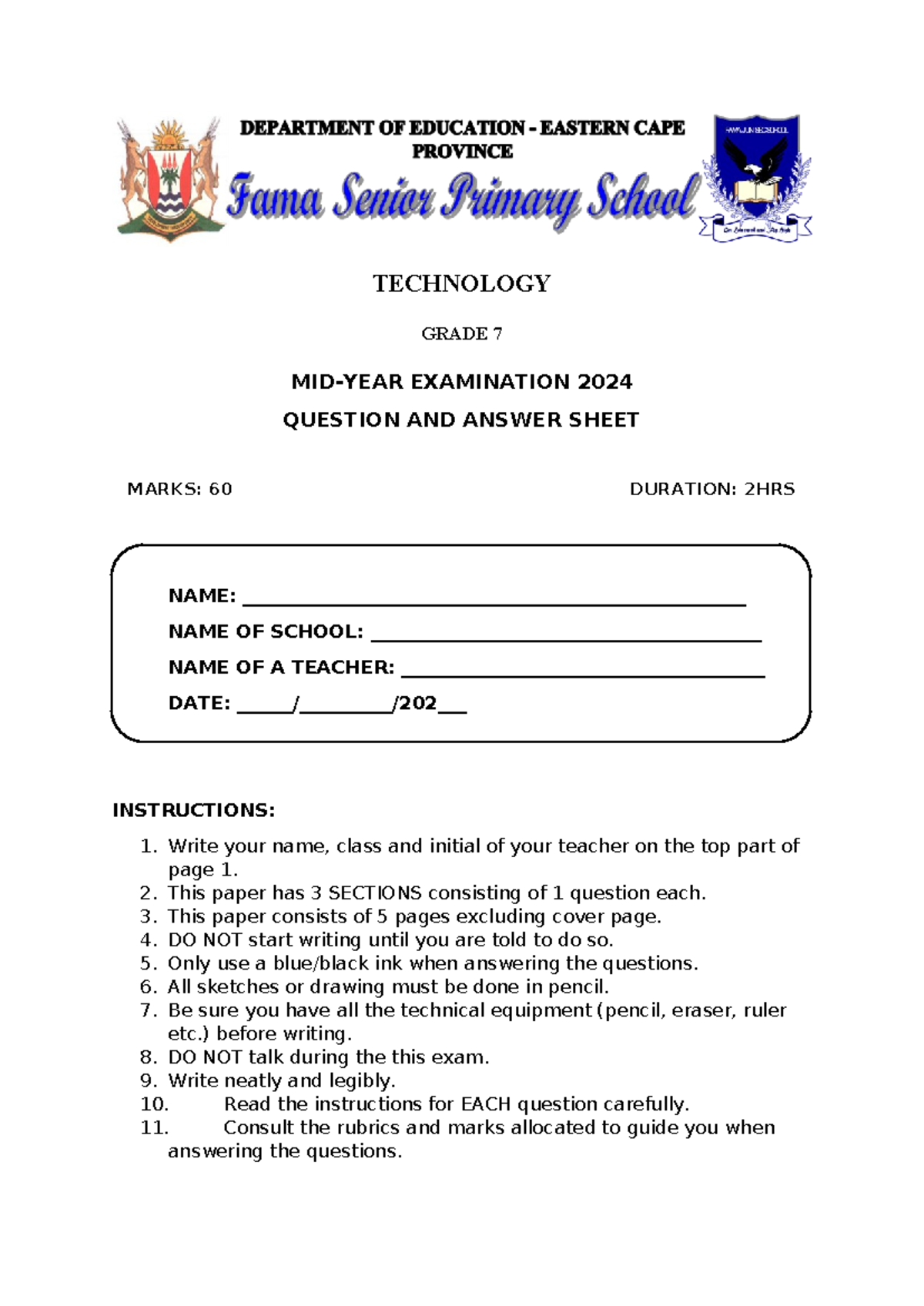 Tech Term 2 Exams for gr7 2024-1 - MID-YEAR EXAMINATION 2024 QUESTION ...