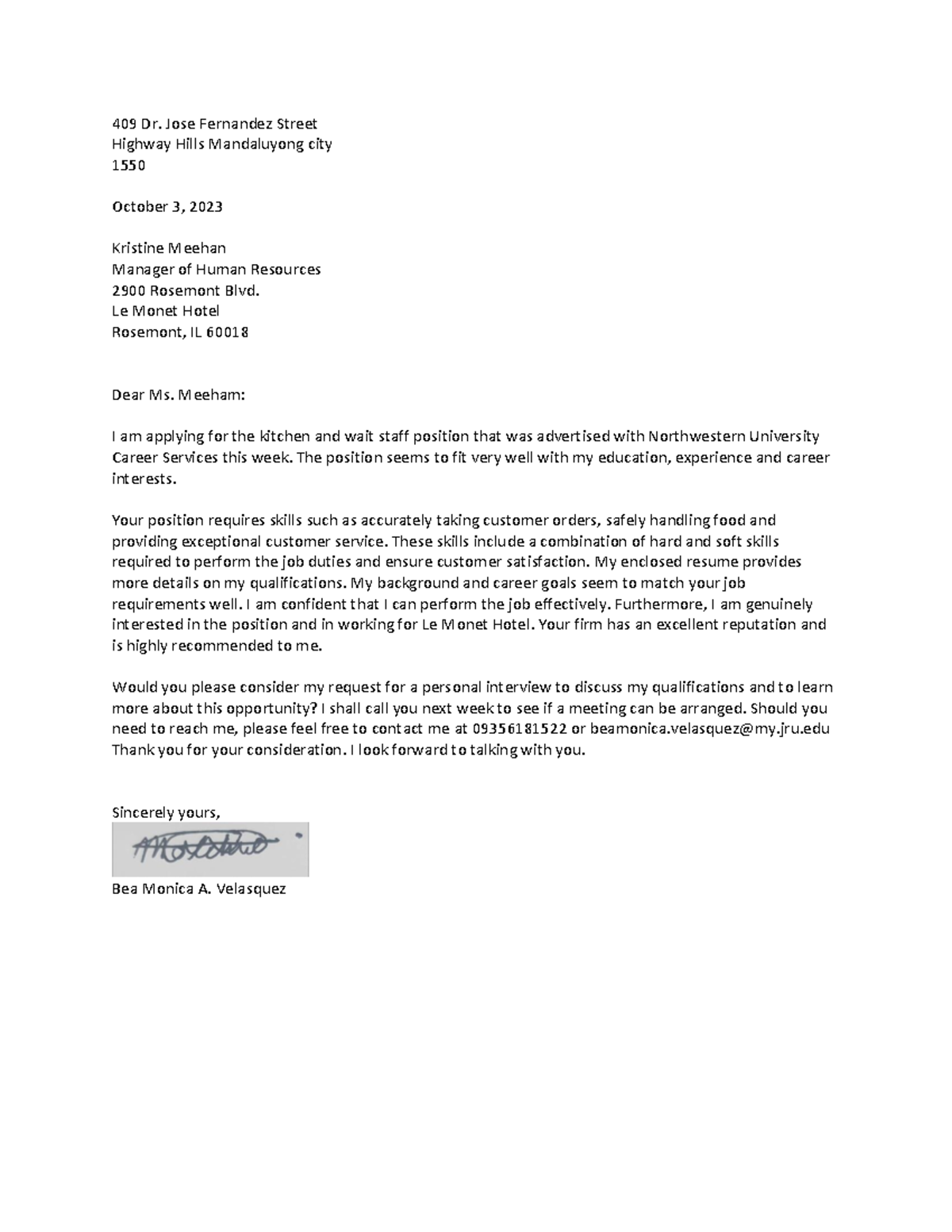 Sample cover letter - 409 Dr. Jose Fernandez Street Highway Hills ...