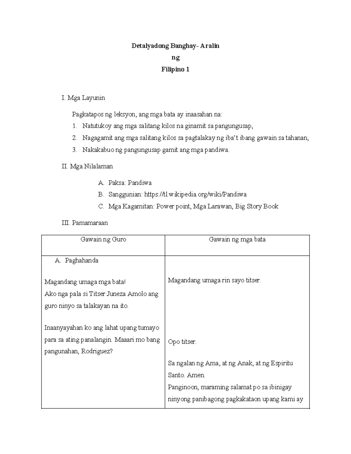 Detalyadong Banghay-Aralin ng Pandiwa Filipino 1 - Detalyadong Banghay- Aralin ng Filipino 1 I ...