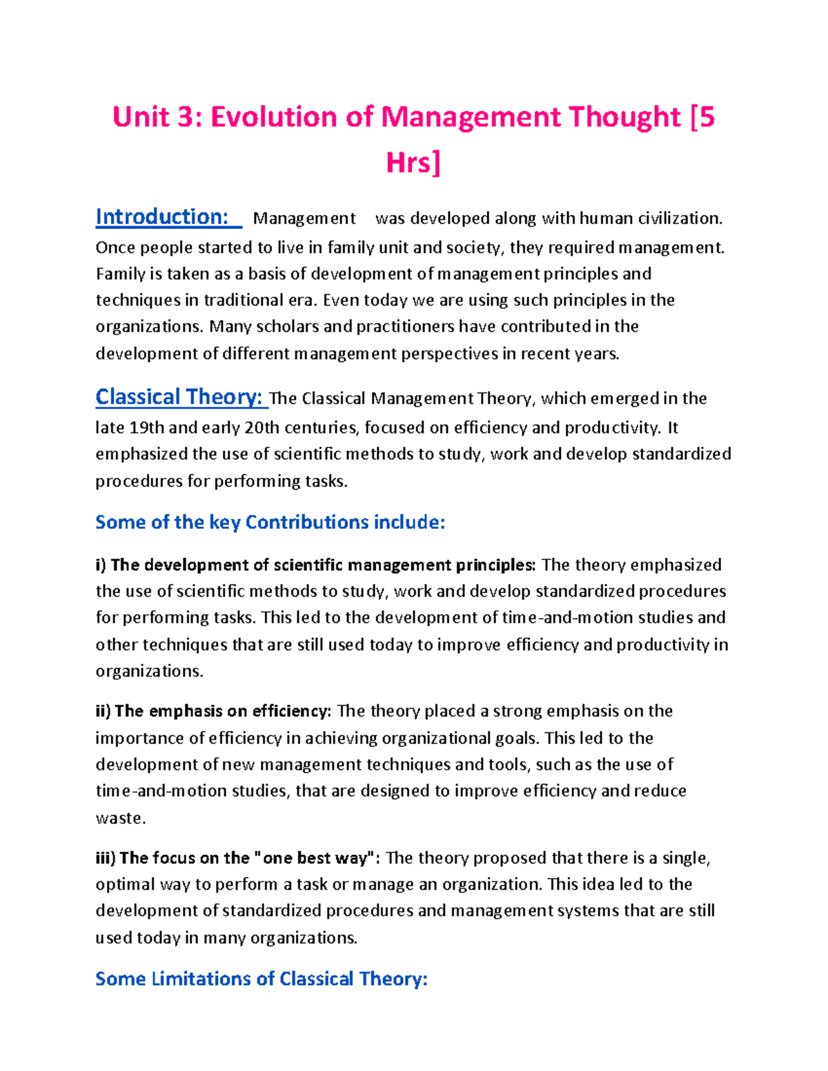 POM Unit-3 - POM Unit-3 - Unit 3: Evolution of Management Thought [ Hrs] Introduction ...