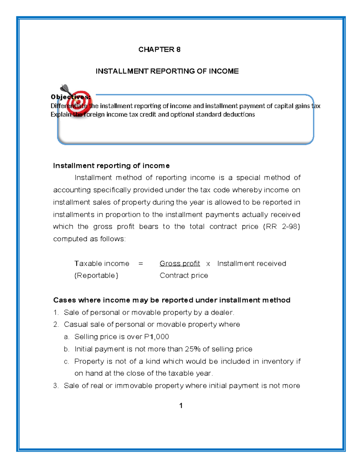 Cbtax 01- Chapter 8 Module - Objectives: Differentiate the installment ...