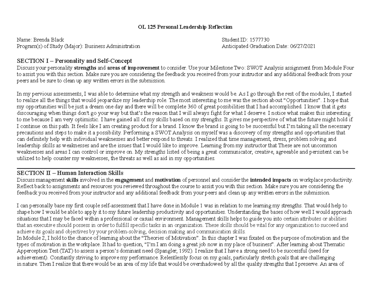 Professional Leadership Reflection - OL 125 Personal Leadership ...