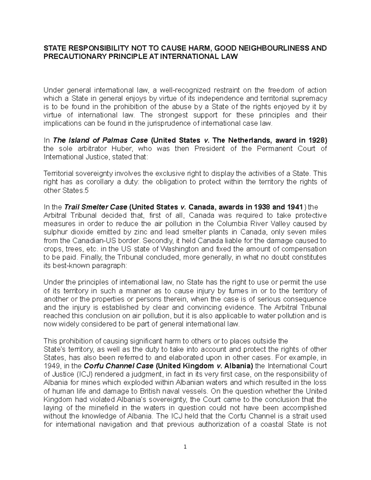 Notes ON State Responsibility NOT TO Cause HARM - STATE RESPONSIBILITY ...