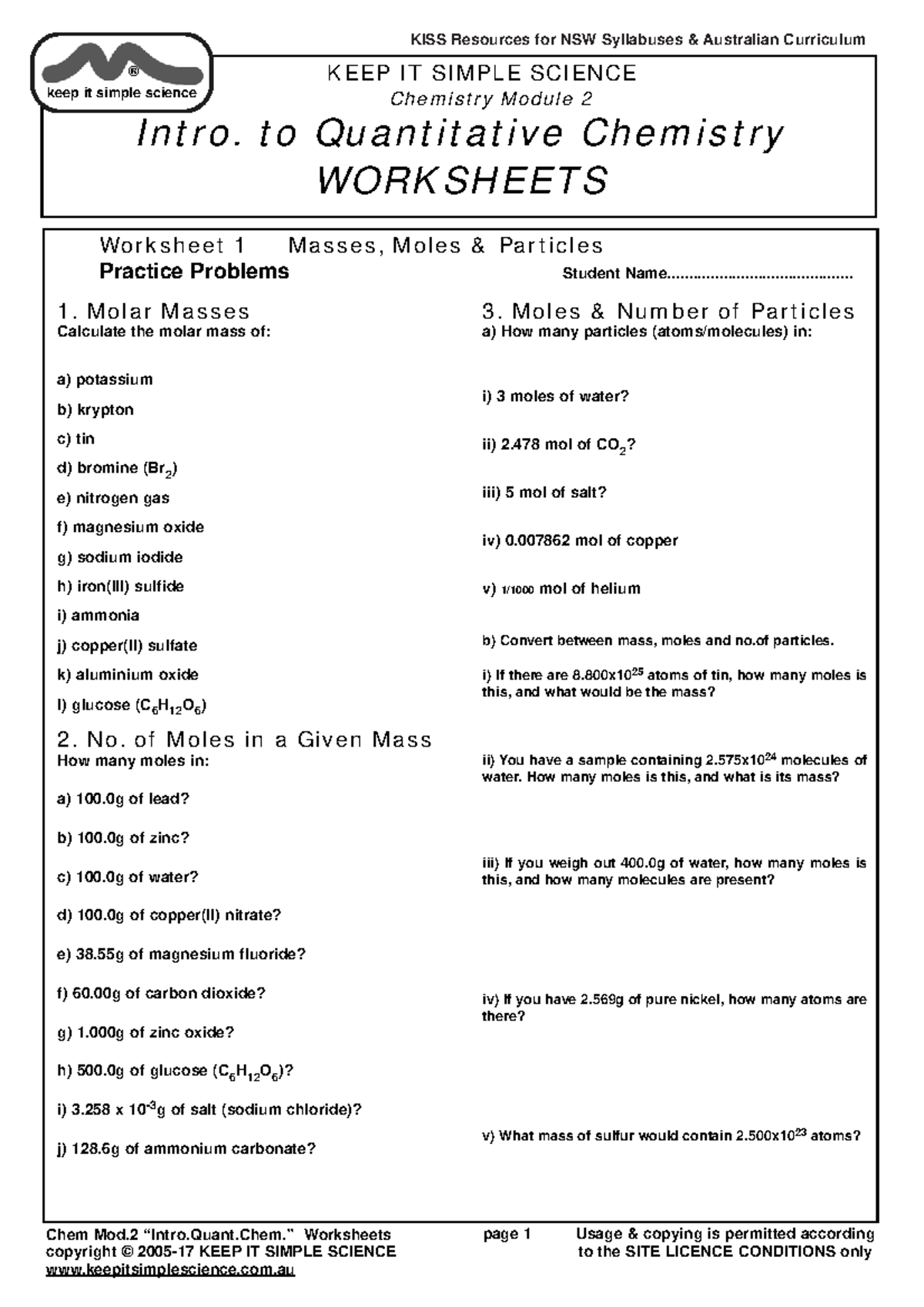 Mole questions - Involves calculating the amount of moles present ...