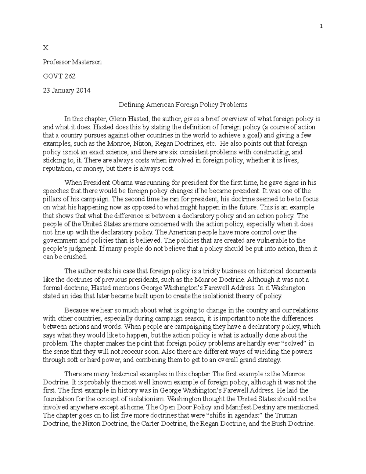 GOVT 262 Chapter 1 Article Summary - foreign Policy problems - 1 X ...