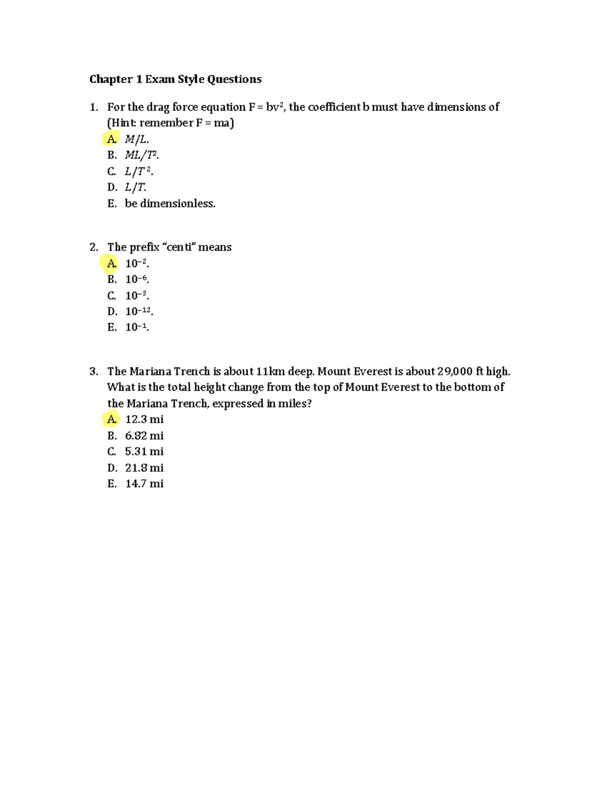 Chapter examples - Chapter 1 Exam Style Questions For the drag force ...