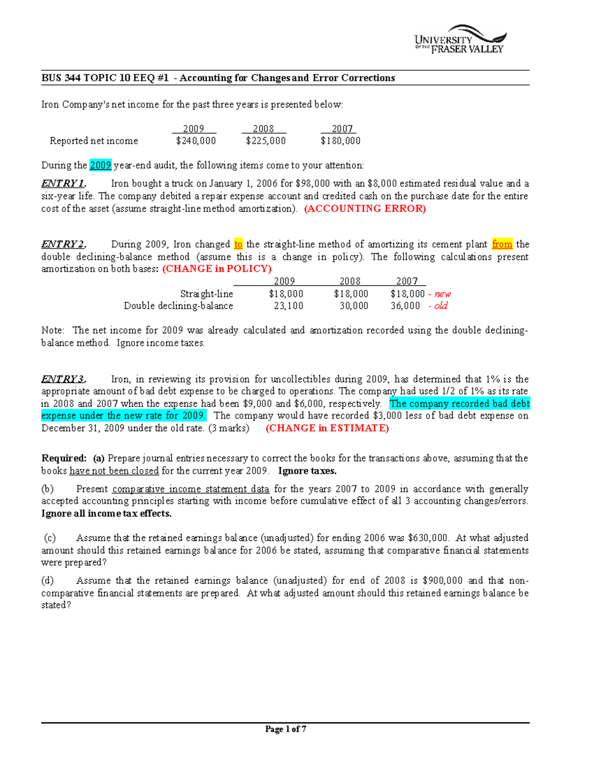 Topic 10 EEQ - EEQ - BUS 344 TOPIC 10 EEQ #1 - Accounting for Changes ...