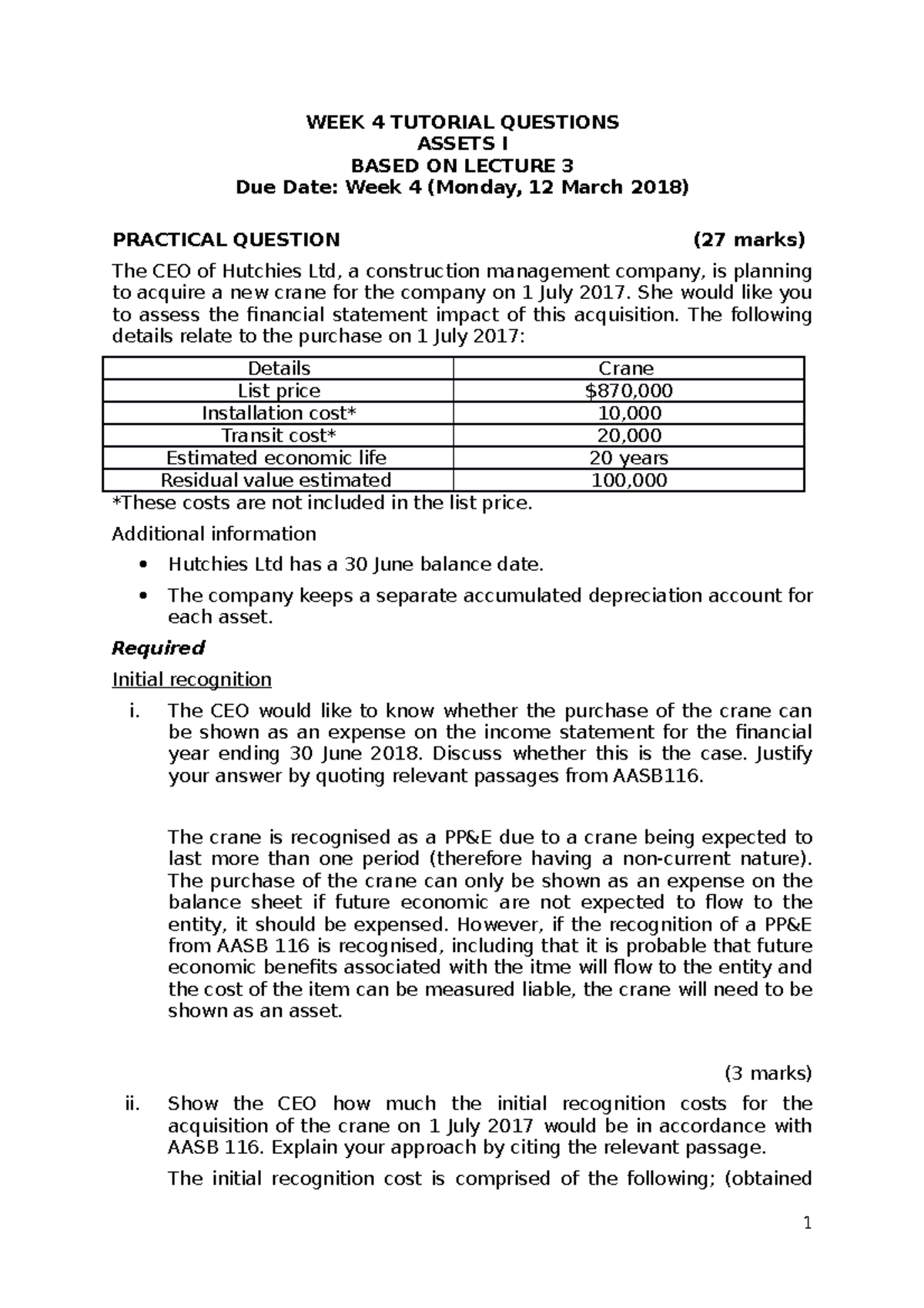 AYB200 SEM 1 2018 WEEK 4 Tutorial Questions - WEEK 4 TUTORIAL QUESTIONS ASSETS I BASED ON ...