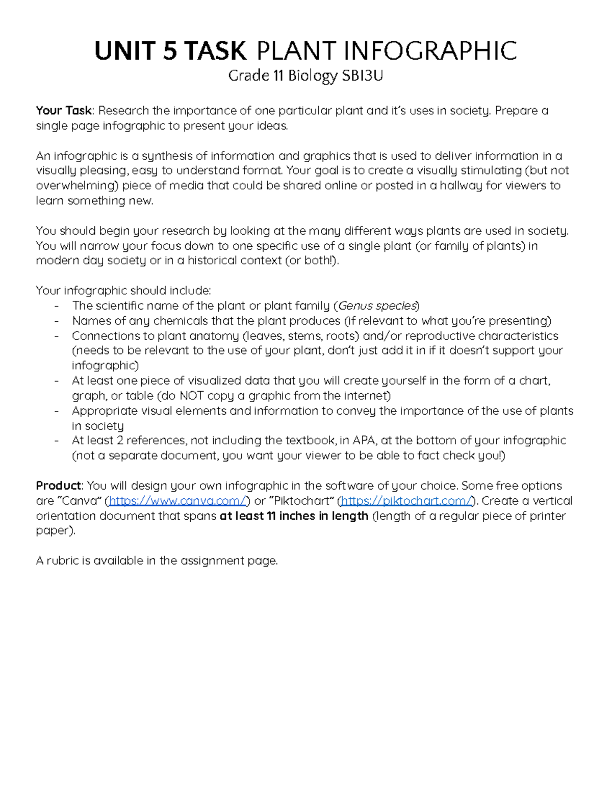 UNIT 5 TASK Plant Infographic - UNIT 5 TASK PLANT INFOGRAPHIC Grade 11 Biology SBI3U Your Task ...