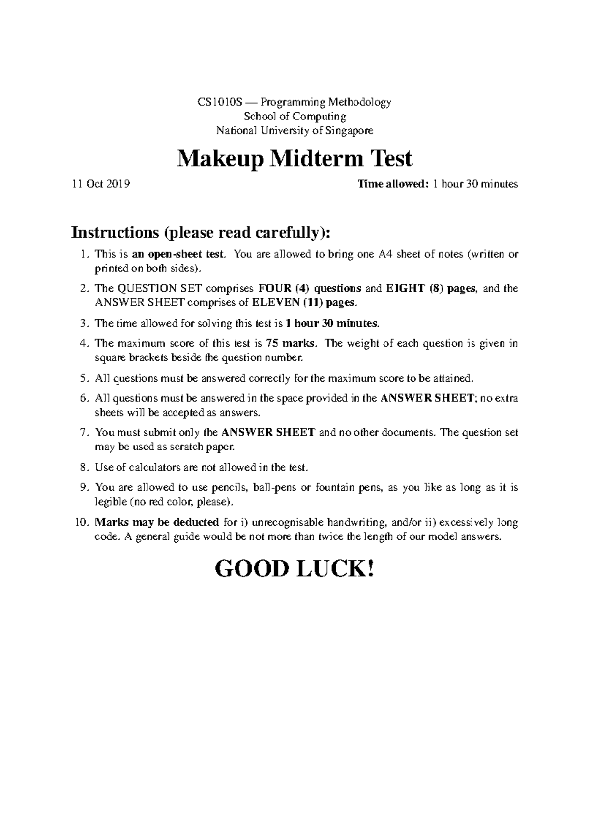 Cs1010s-makeup-midterm+solutions-oct19-fixed - CS1010S — Programming Methodology School of ...