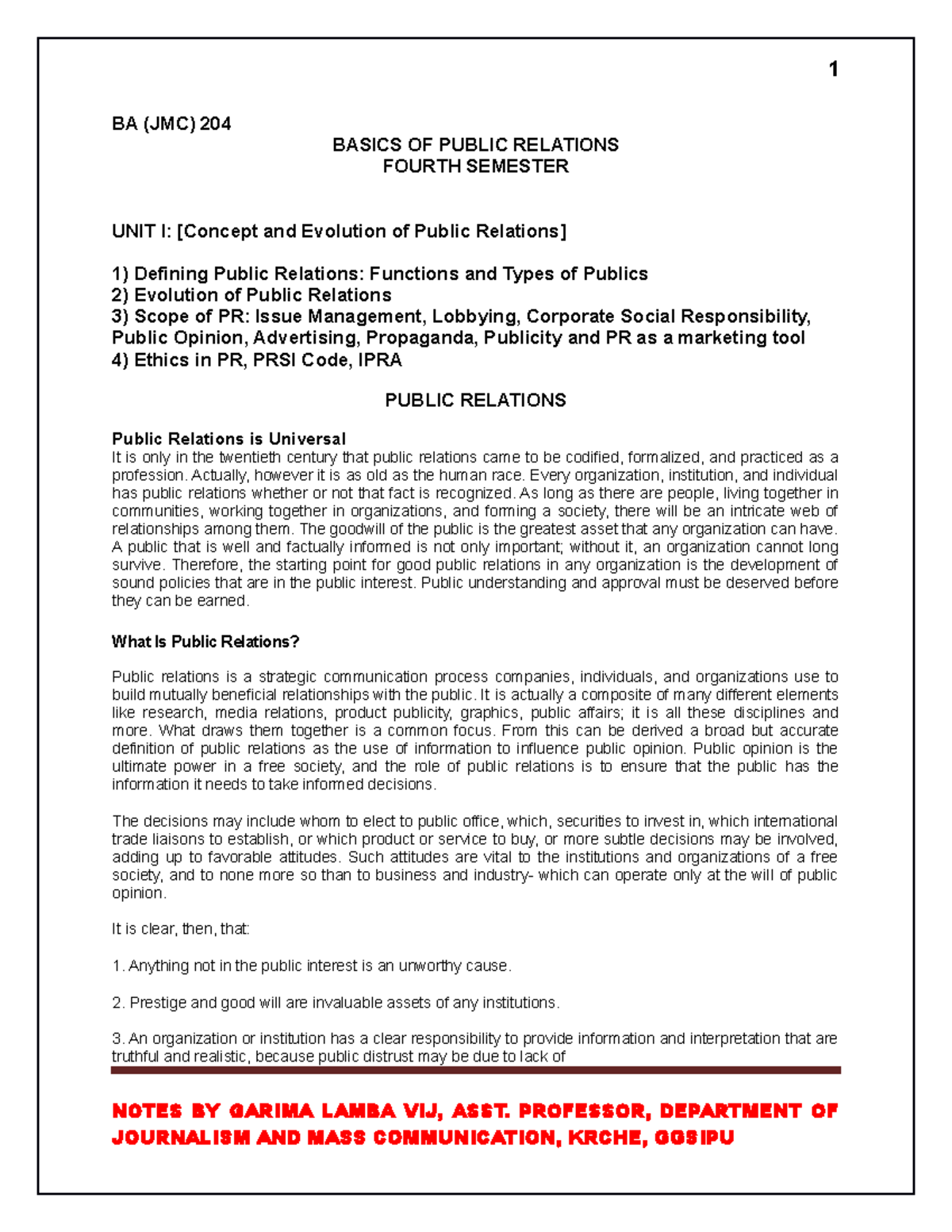 PR Notes - UNIT I - BA (JMC) 204 BASICS OF PUBLIC RELATIONS FOURTH ...