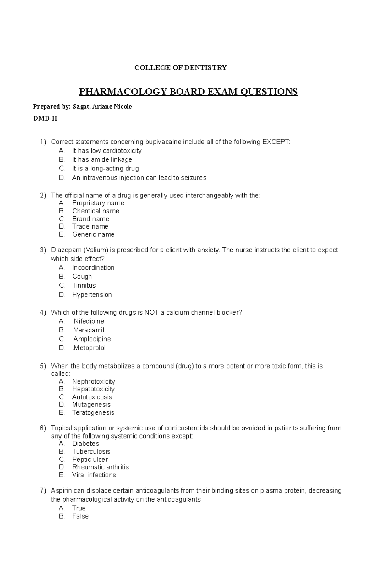 Pharmacology board exam questions - PHARMACOLOGY BOARD EXAM QUESTIONS ...