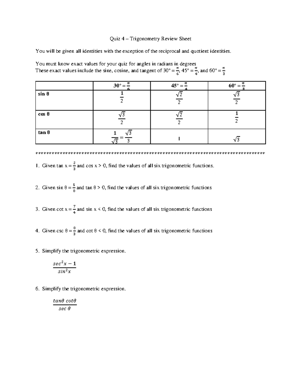 Review Sheet - Trigonometry - Warning: TT: undefined function: 32 Quiz ...