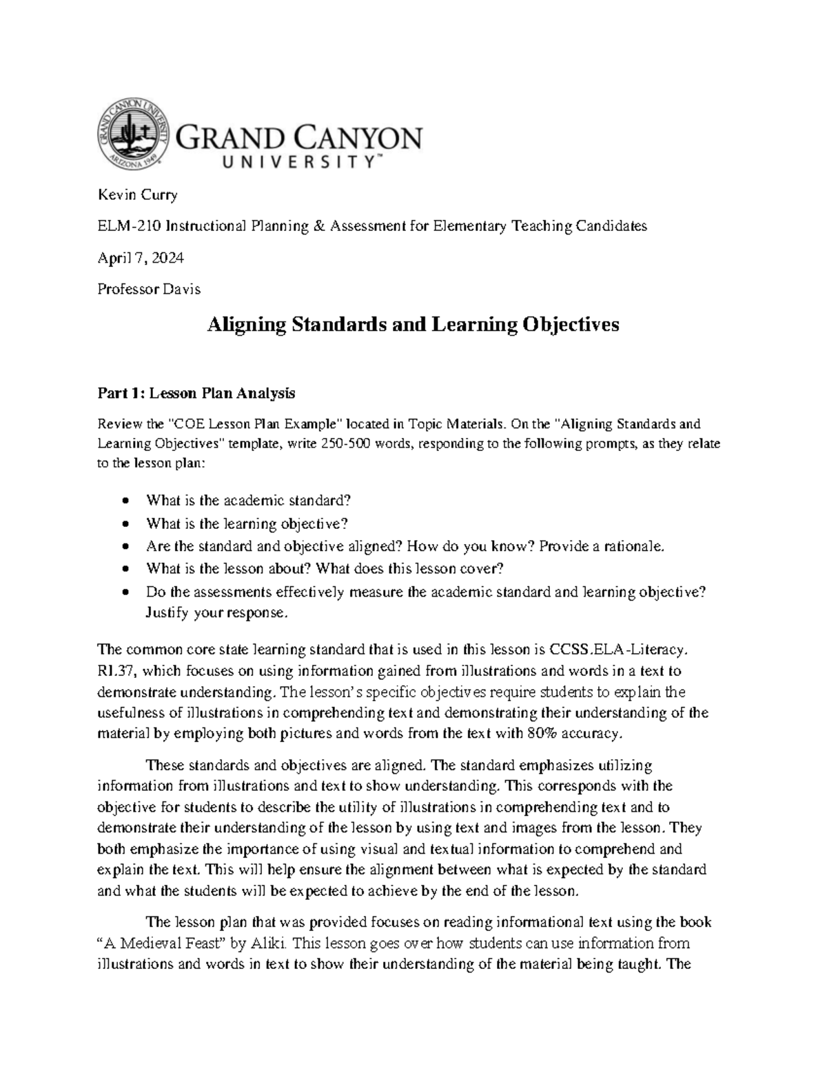 GCU-ELM 210 Aligning Standards and Learning Objectives - Kevin Curry ...