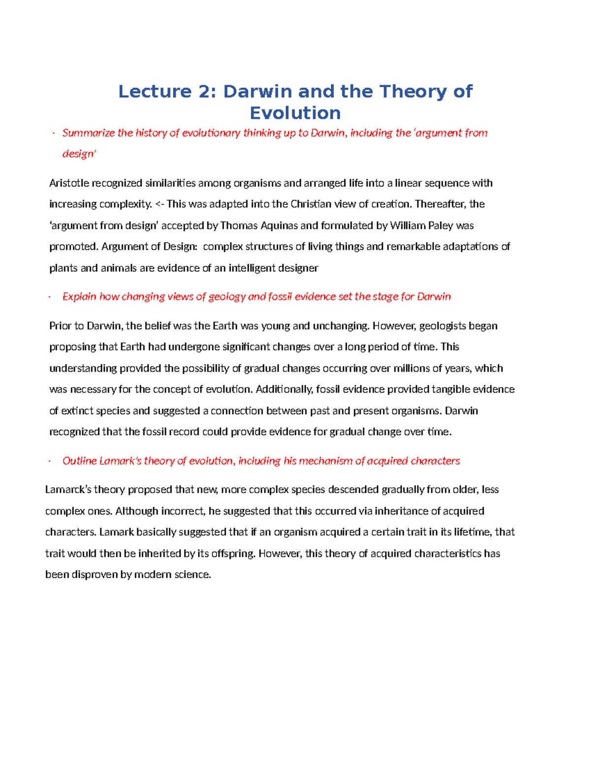 Notes Lecture 2 Darwin Prof Rundle Lecture 2 Darwin And The Theory Of Evolution Summarize