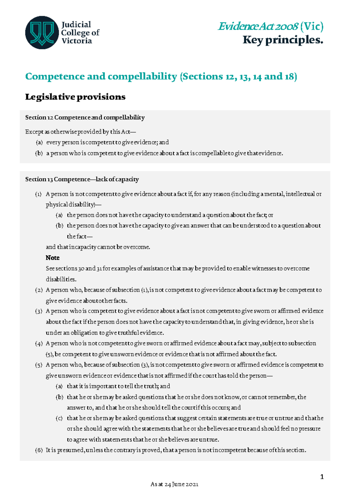 Key principles competency and compellability - Evidence Act 2008 (Vic ...