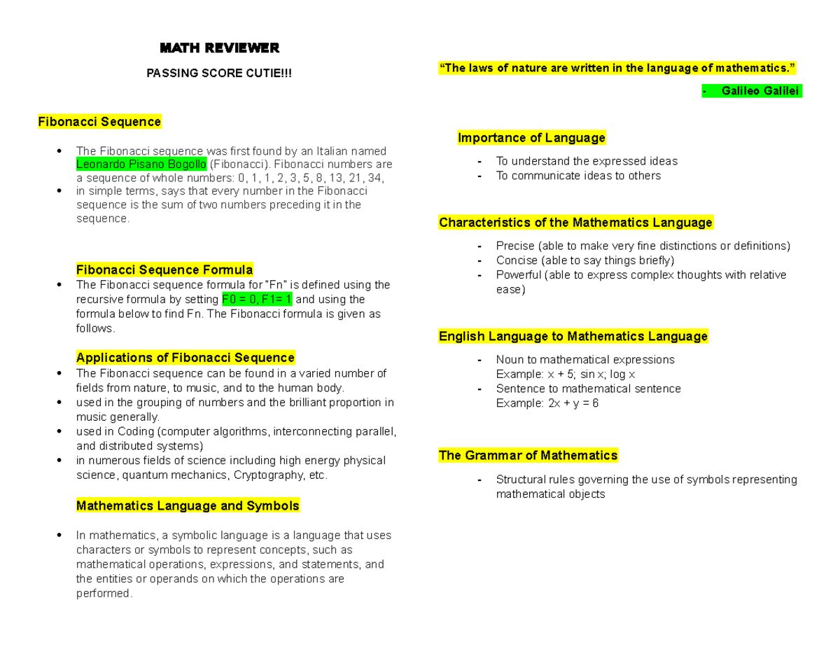 MATH- Reviewer - Sure win - MATH REVIEWER PASSING SCORE CUTIE!!! Fibonacci Sequence The ...