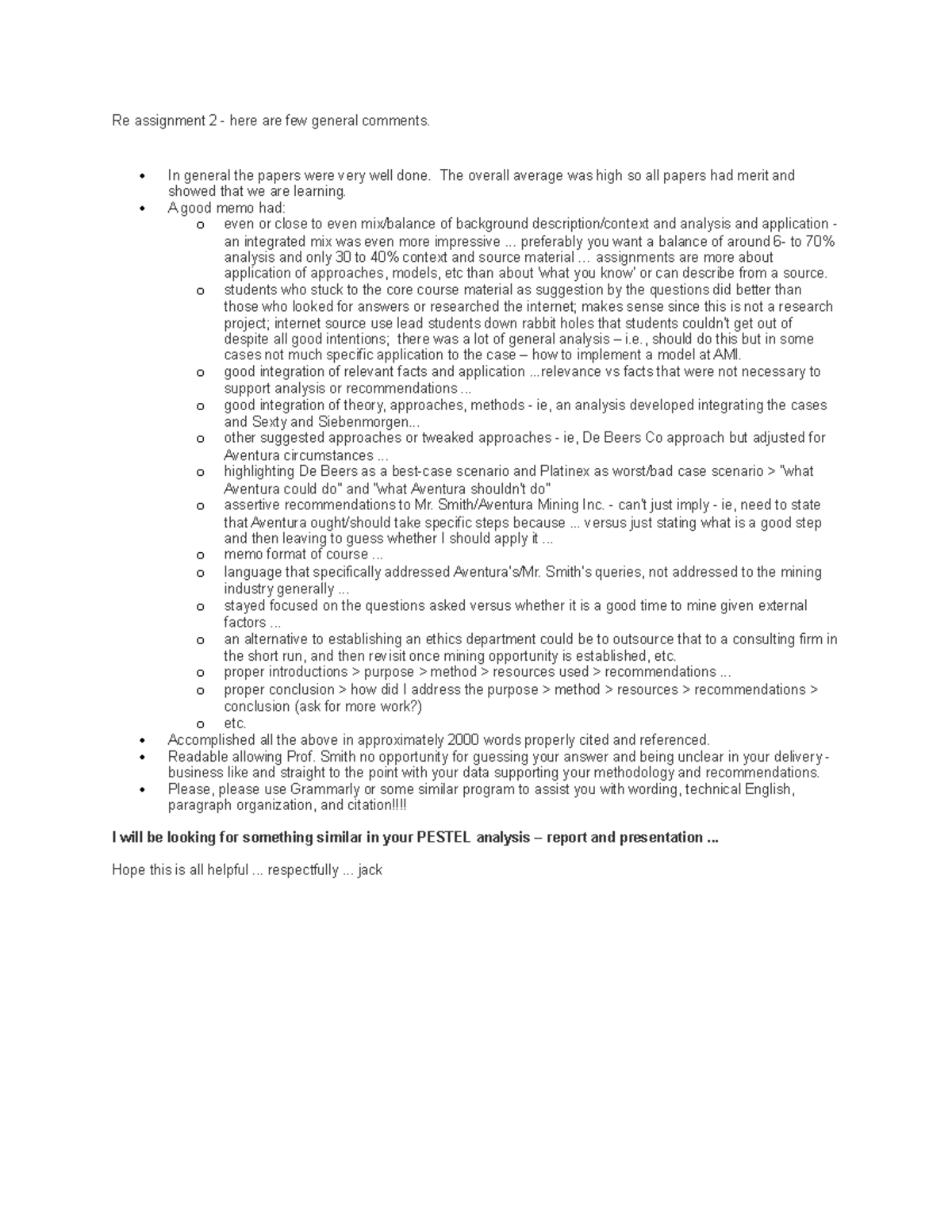 Assignment 2classcomments - Re assignment 2 - here are few general ...