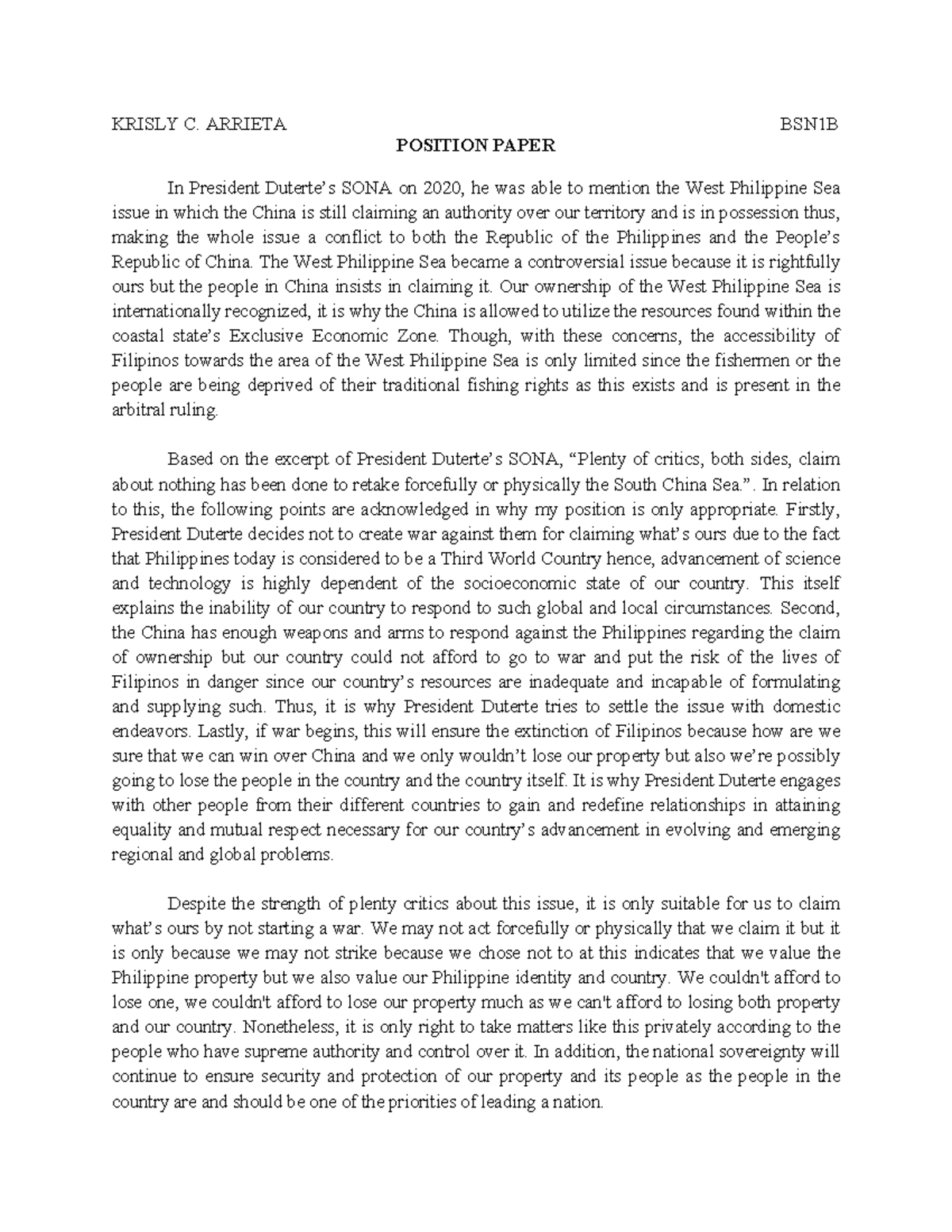 GEC17-Position-Paper - KRISLY C. ARRIETA BSN1B POSITION PAPER In ...