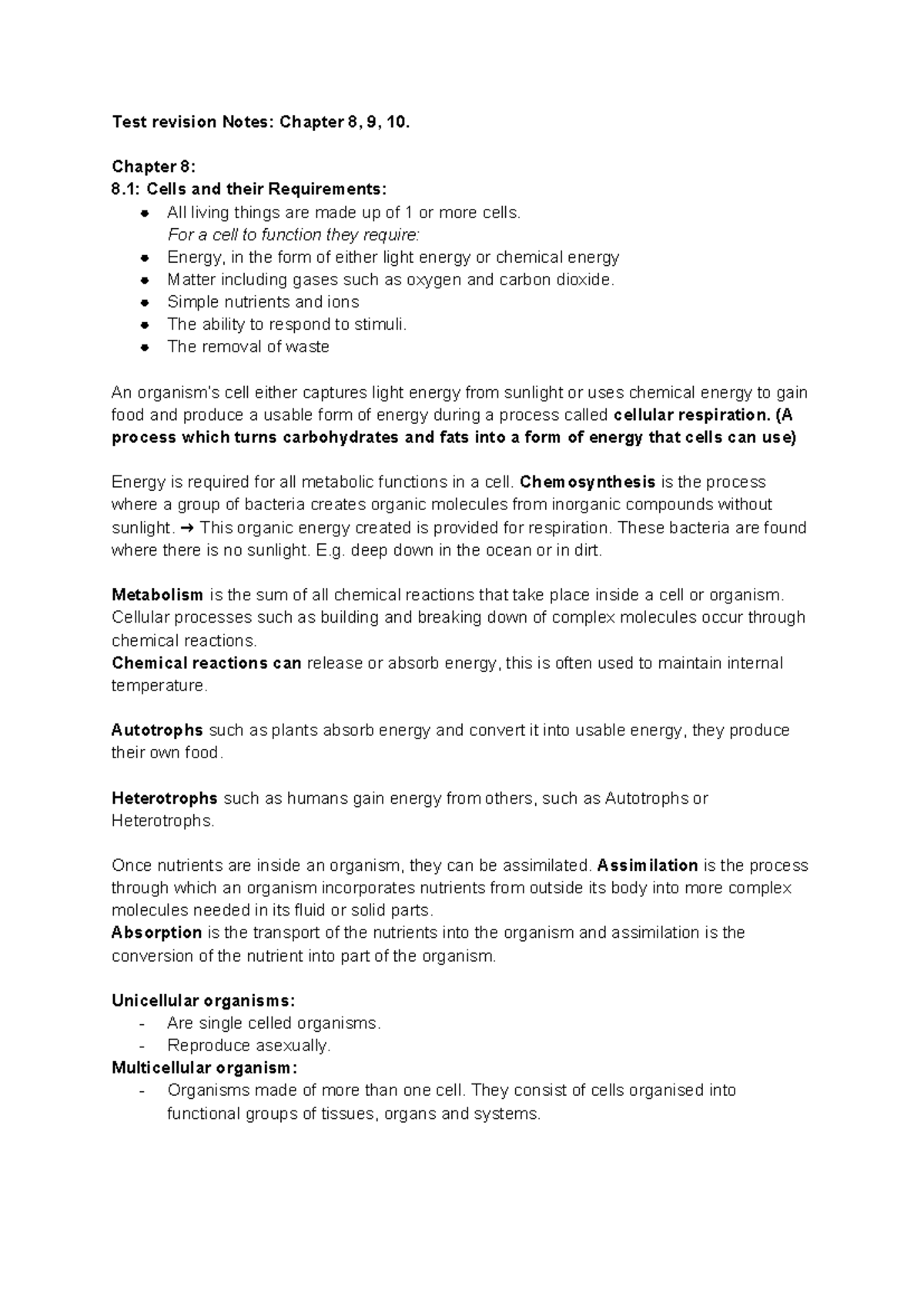 UNIT 2 Biology fsdfasdf - Test revision Notes: Chapter 8, 9, 10 ...