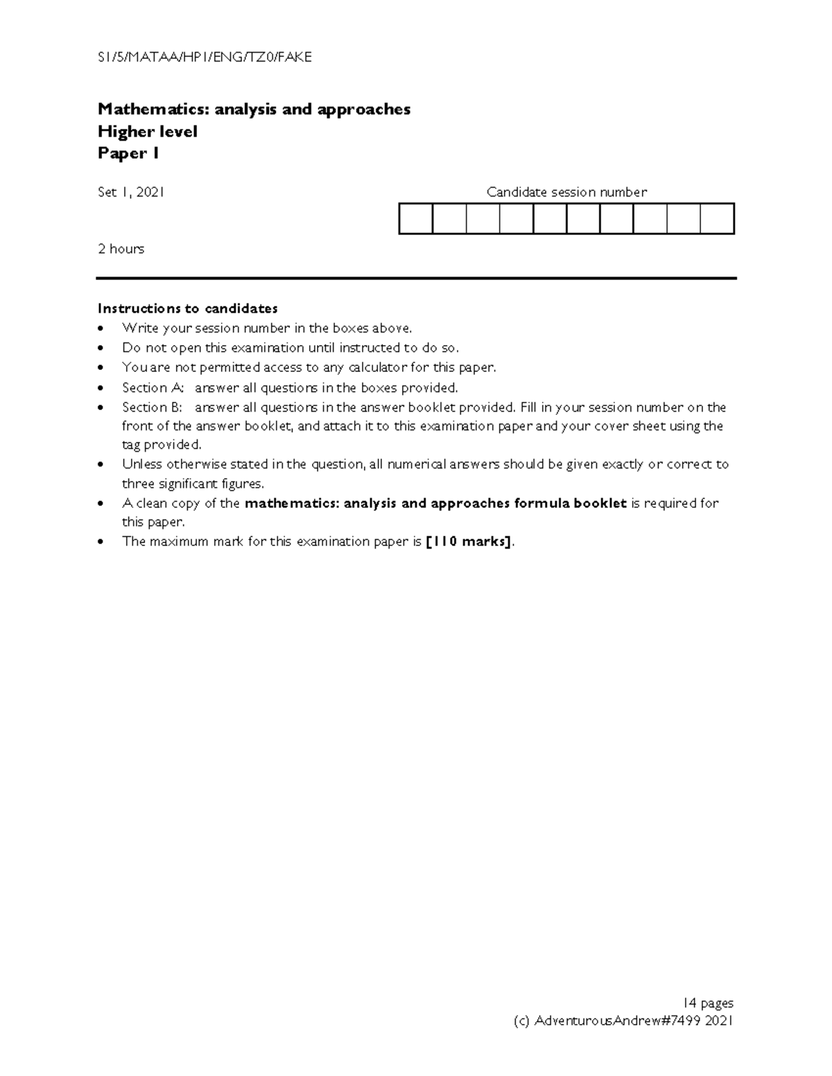 2021 AAHL Set A Paper 1 - S1/5/MATAA/HP1/ENG/TZ0/FAKE 14 pages (c ...