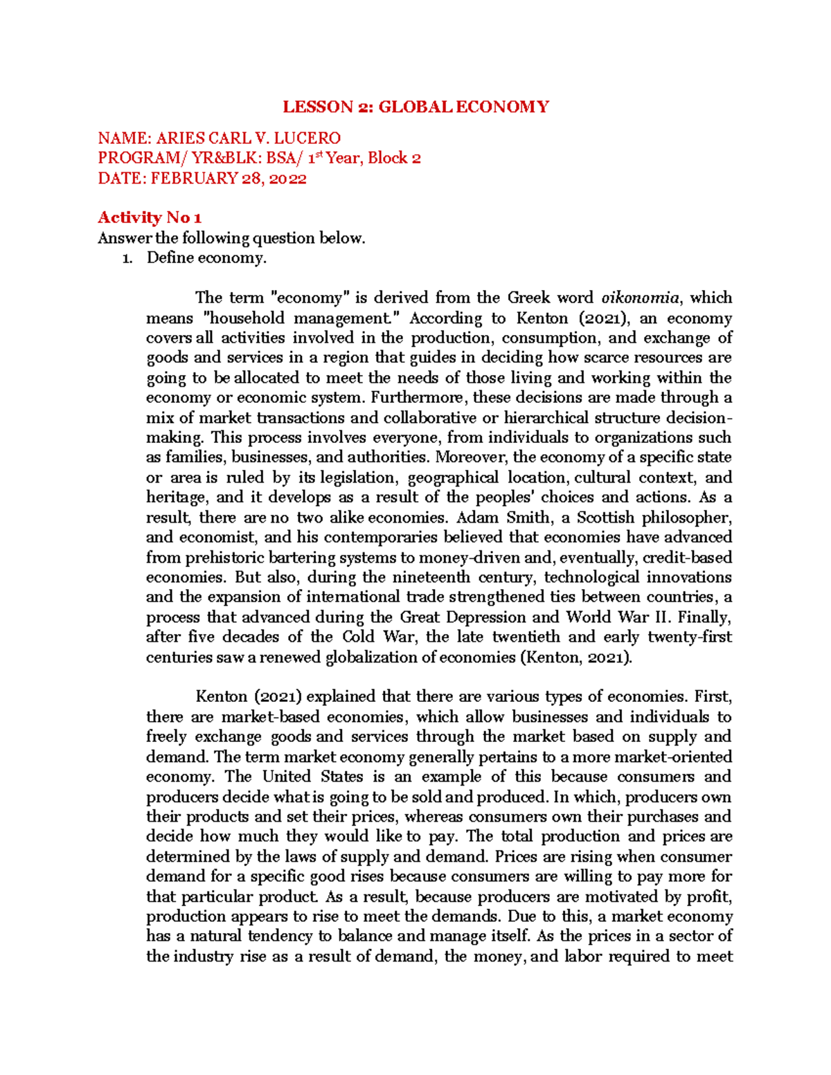 Lesson 2 THE Global Economy - LESSON 2: GLOBAL ECONOMY NAME: ARIES CARL ...