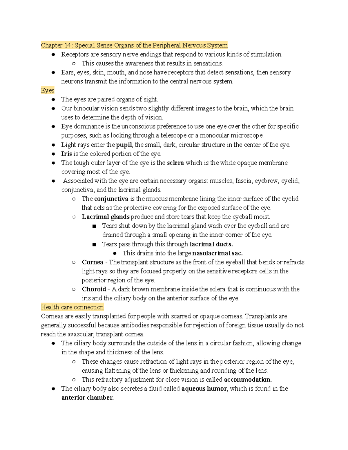 Medical Terminology Chapter 14 Notes - Chapter 14: Special Sense Organs ...