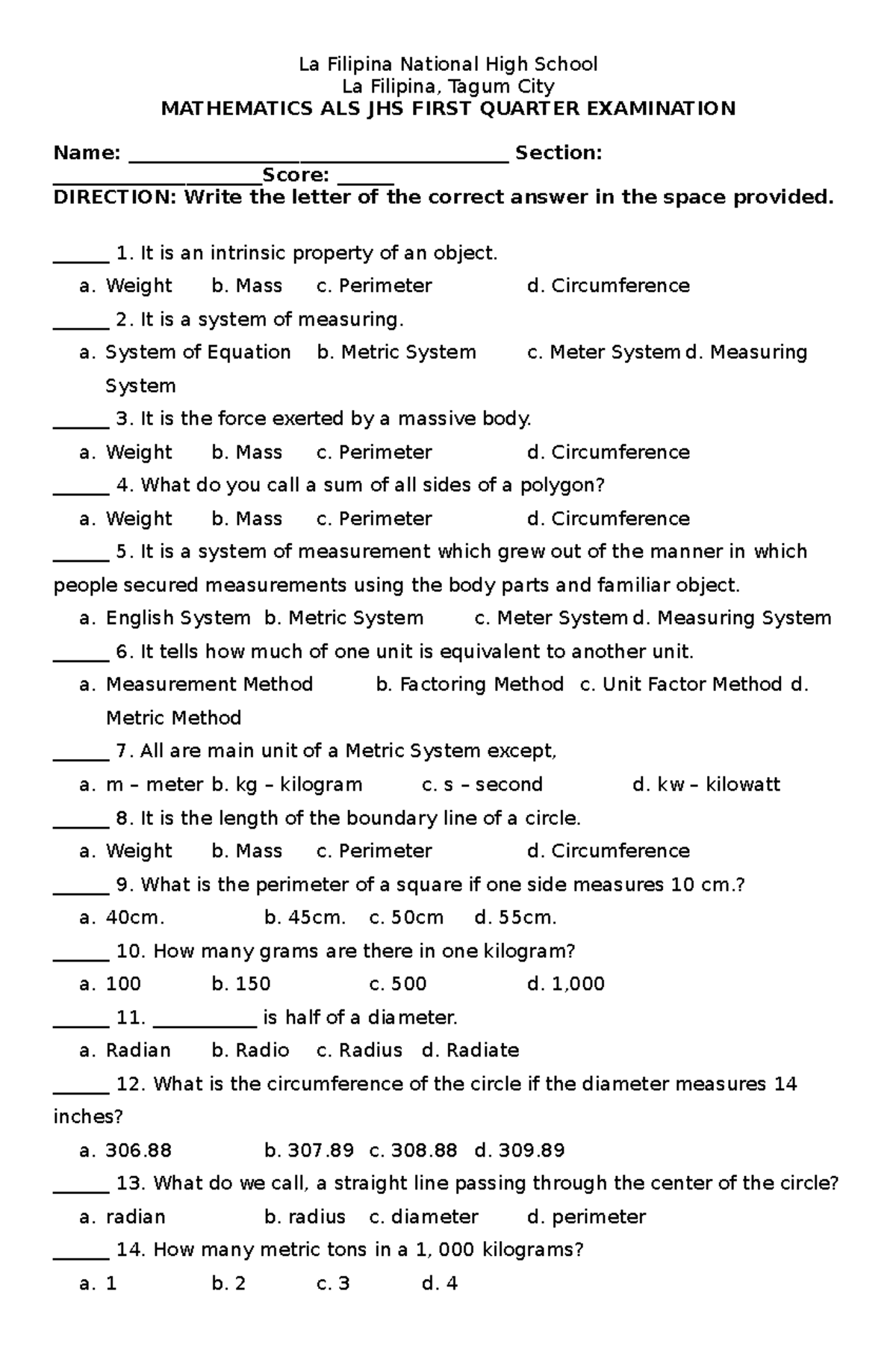 Q1 exam Alsjhs 1 - rferewgvyyu - La Filipina National High School La ...
