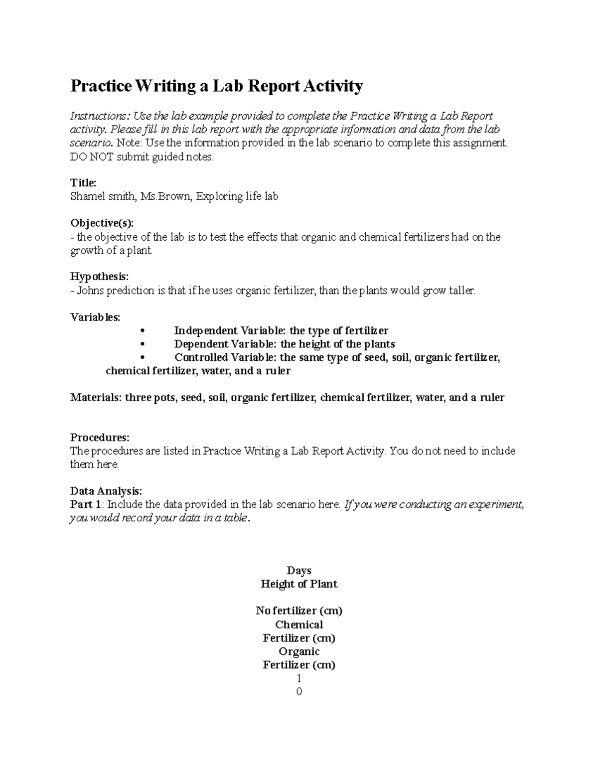 1.01 lab assignment - chemistry - Practice Writing a Lab Report ...