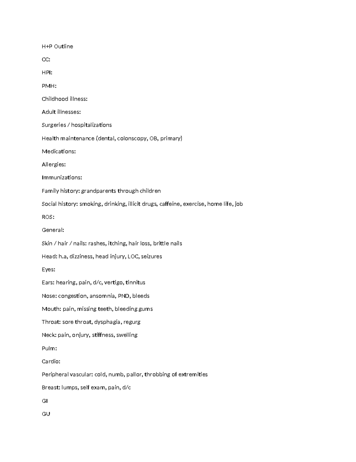 HPI Template - H+P Outline CC: HPI: PMH: Childhood illness: Adult ...