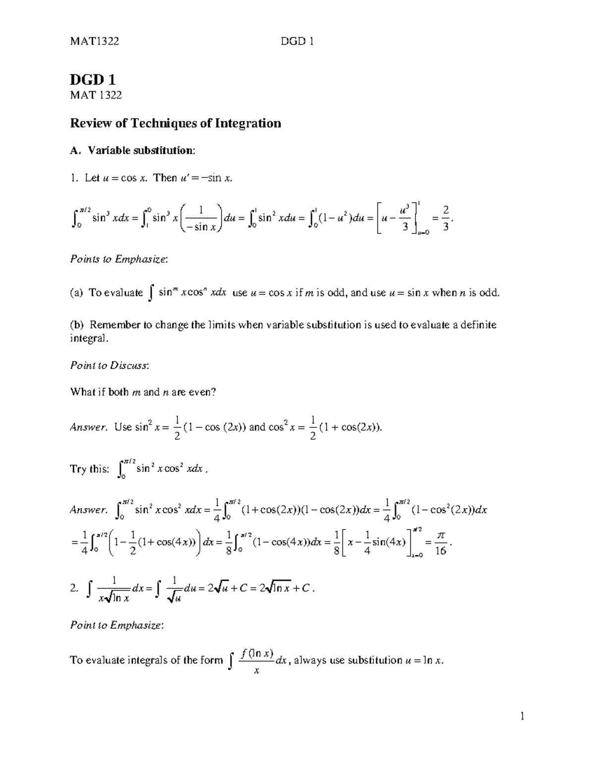 DGD1 - dgd1 - MAT1322 DGD 1 1 DGD 1 MAT 1322 Review of Techniques of Integration A. Variable ...