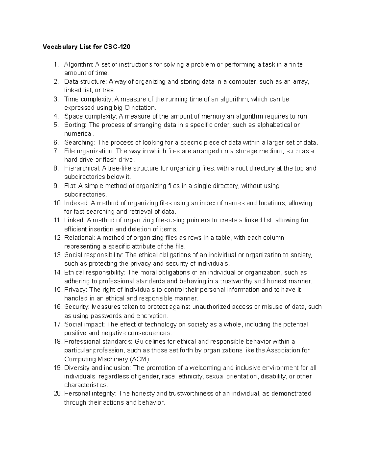 Csc 130 Computing Fundamentals Ii Vocab List Vocabulary List For Csc Algorithm A Set Of