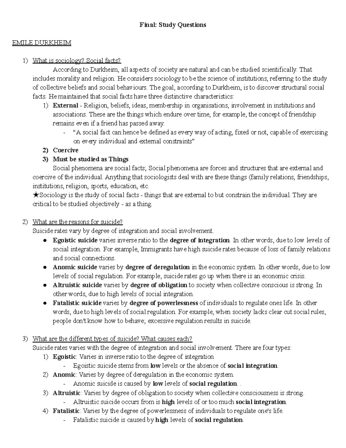 Final - Study Questions - Final: Study Questions EMILE DURKHEIM What is ...