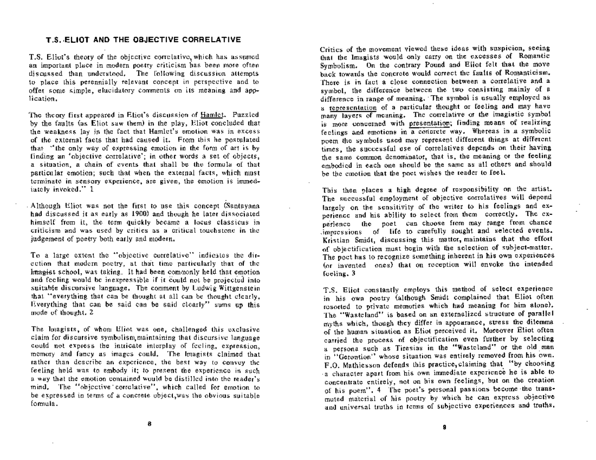 T.S. Eliot and the Objective Correlative - Studocu