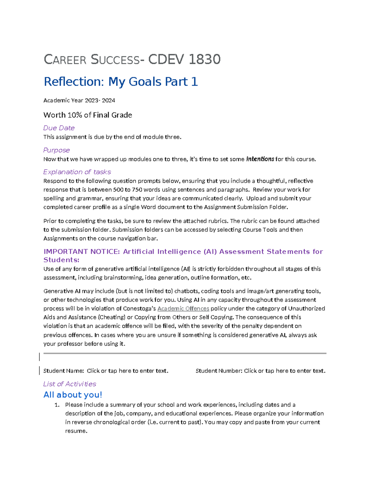 CDEV1830Assignment 1-Reflection-My Goals Part 1 - CAREER SUCCESS- CDEV 1830 Reflection: My Goals ...