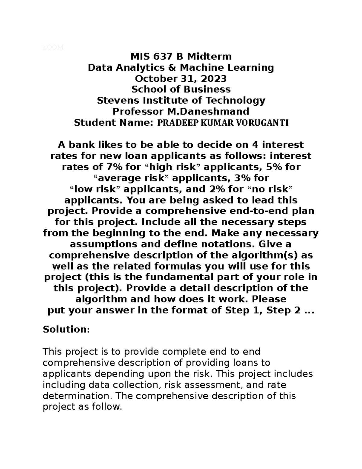 Midterm DAML - jerofjodfjvoier - ZOOM MIS 637 B Midterm Data Analytics & Machine Learning - Studocu