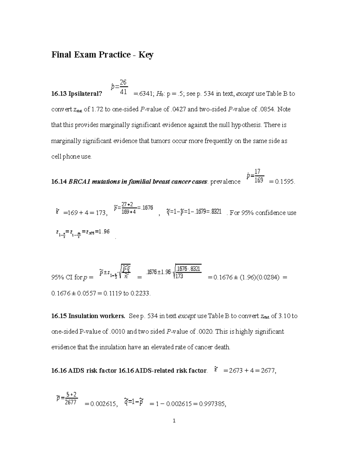 2021 Biostatistics Practice Materials Final Exam Practice Answers - Final Exam Practice - Key 16 ...