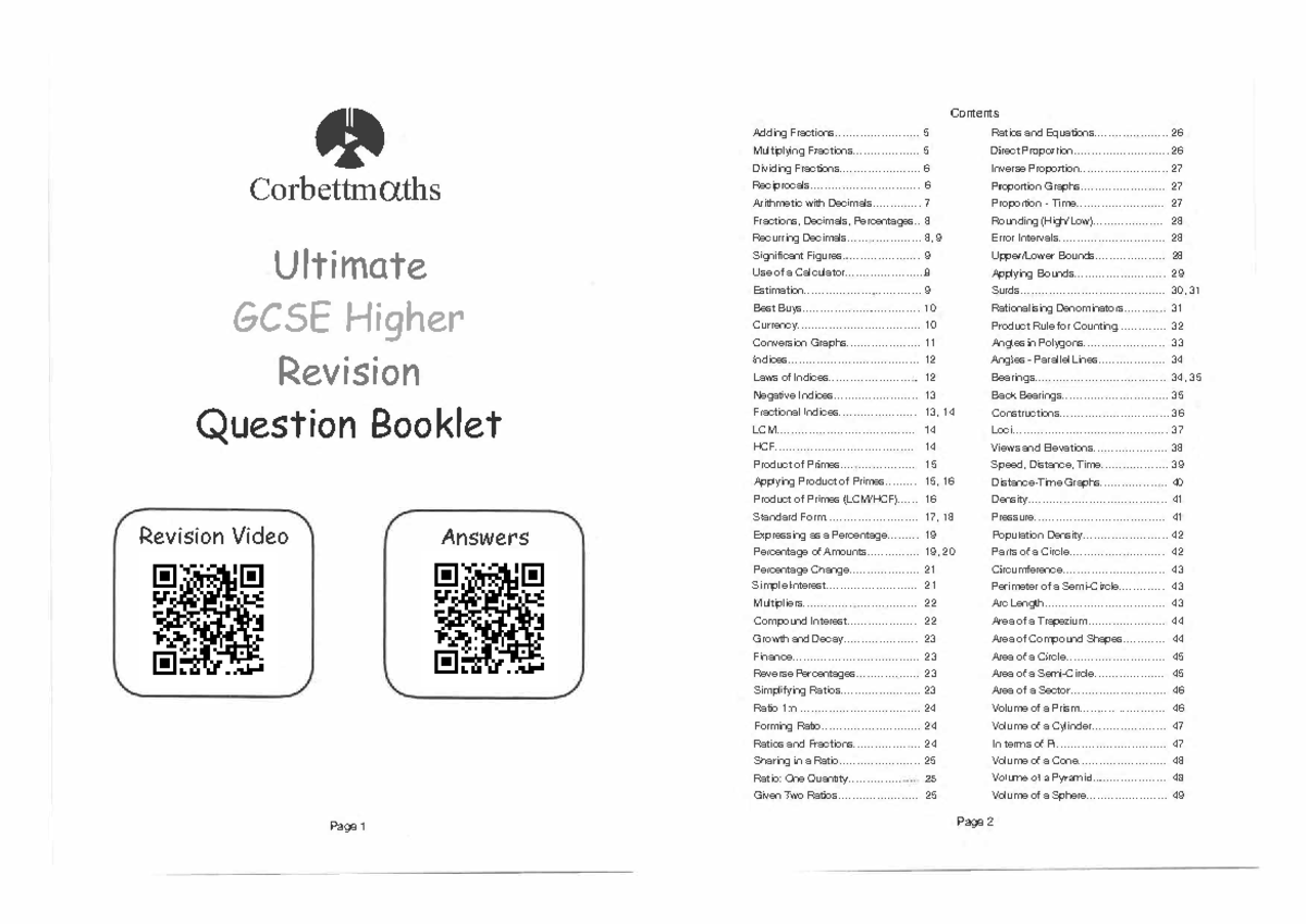 Ultimate GCSE Higher Booklet Answers - • Corbettmaths Ultimate GCSE ...