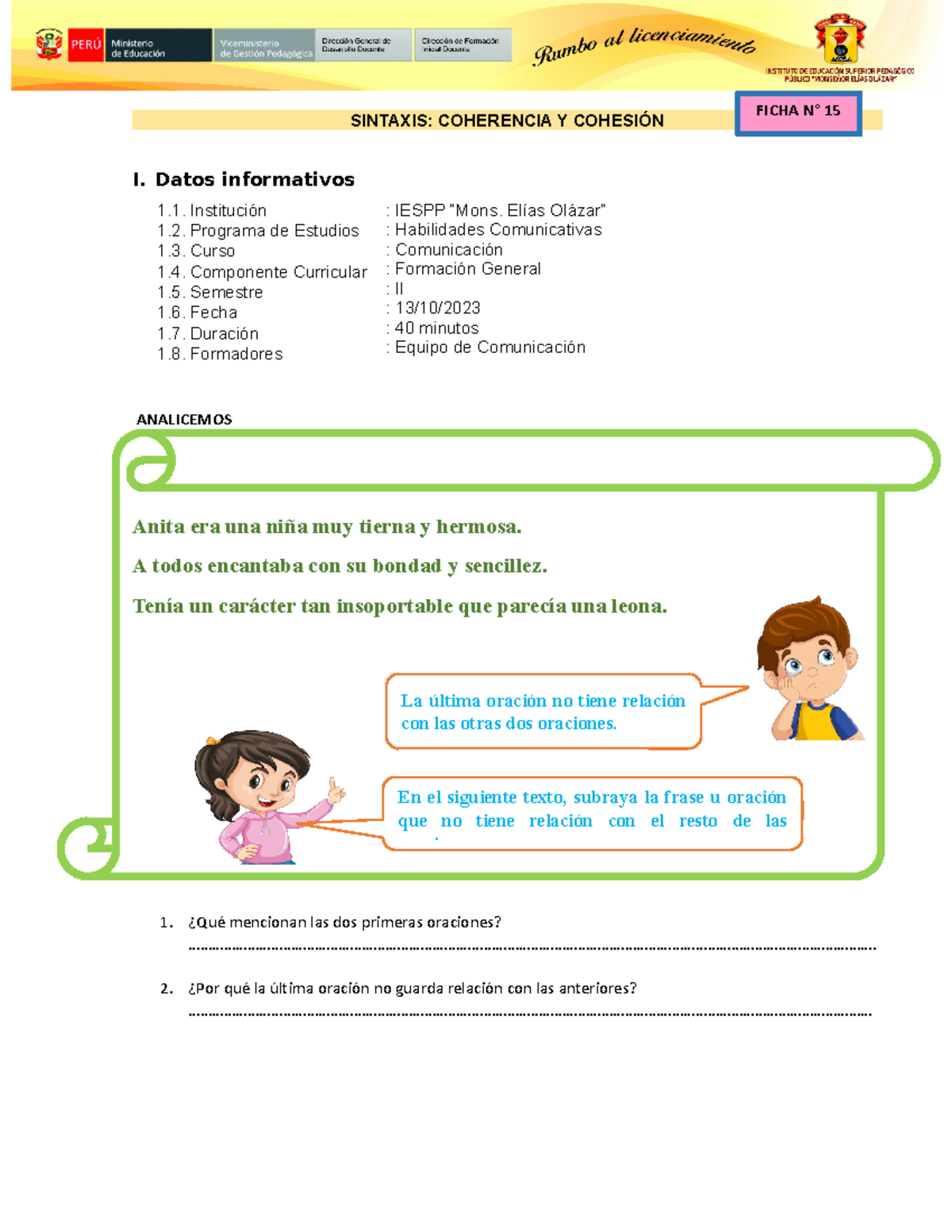 Ficha N° 15- Coherencia y Cohesión ok - SINTAXIS: COHERENCIA Y COHESIÓN I. Datos informativos 1 ...