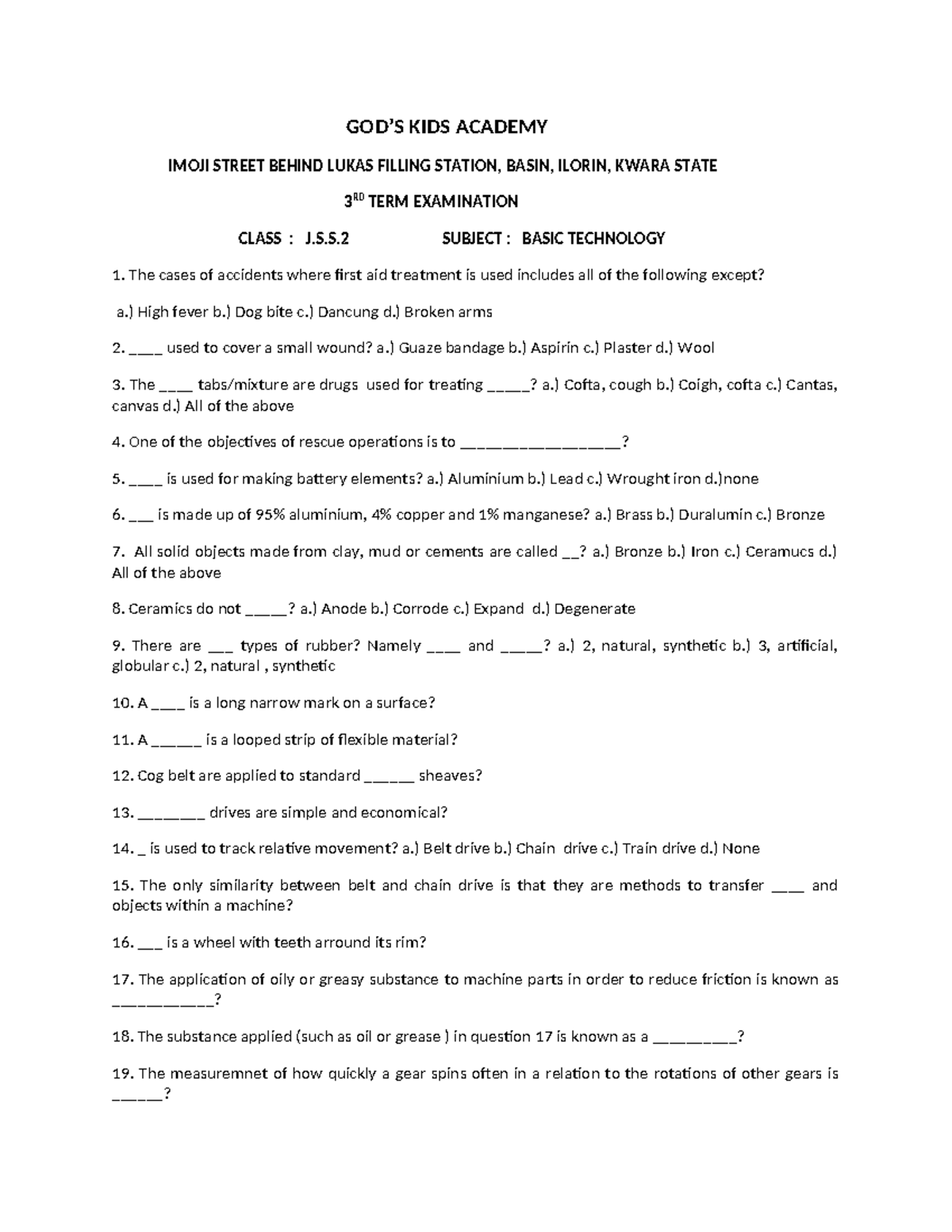 JSS1 AND 2 3RD TERM EXAM - questions - GOD’S KIDS ACADEMY IMOJI STREET ...