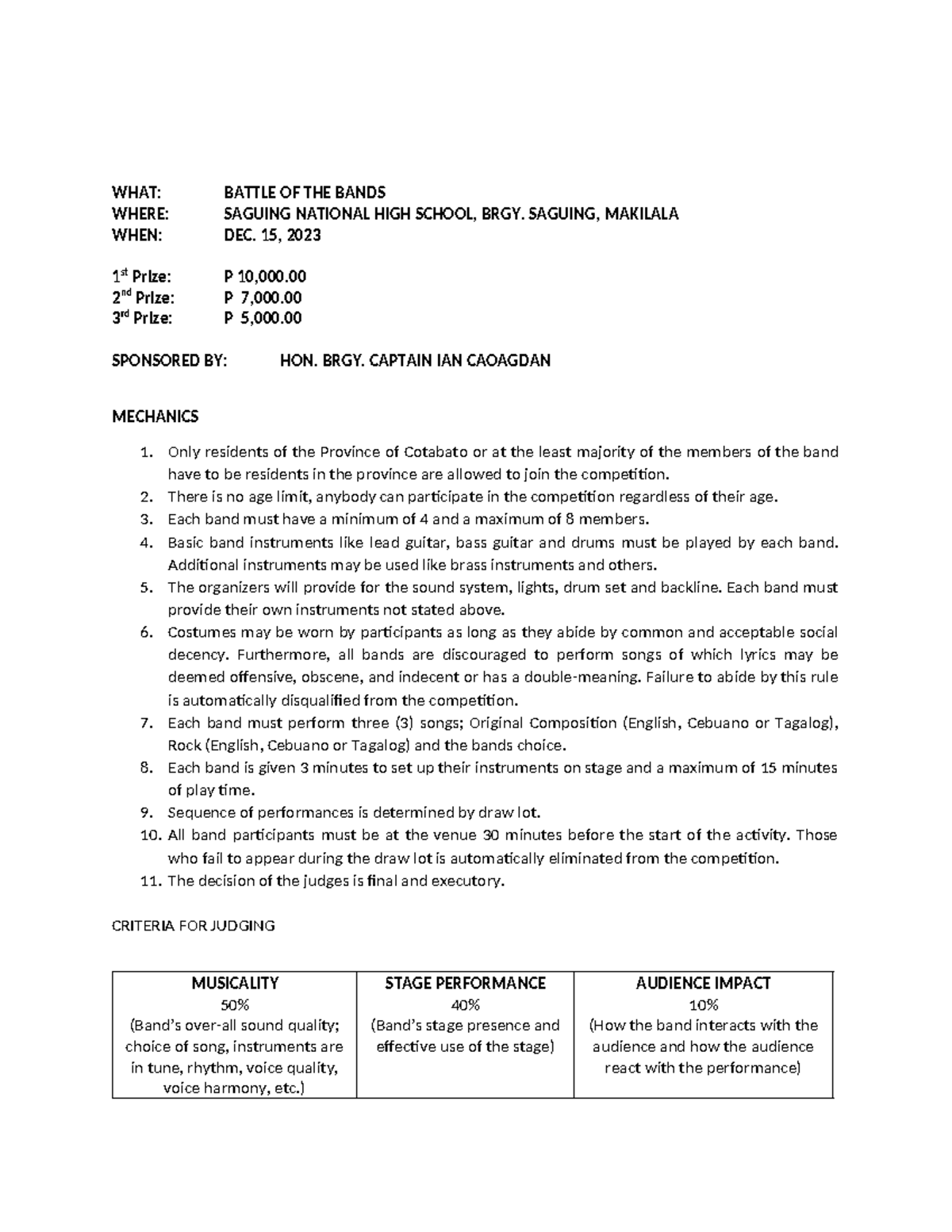 Battle OF THE Bands Mechanics - WHAT: BATTLE OF THE BANDS WHERE ...