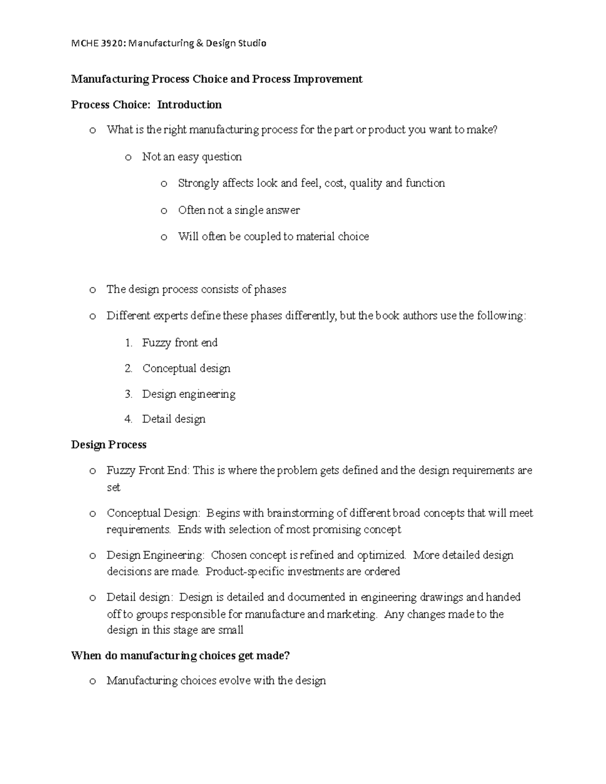 MCHE 3920 Ch. 27 Notes - Manufacturing Process Choice and Process ...